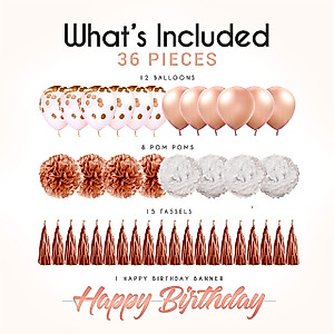 EpiqueOne 36-Piece Rose Gold Birthday Kit | Includes Happy Birthday Banner, Rose Gold Balloons, Tissue Pom Poms & Tassels | Easy to Set Up | Also Ideal for Bridal and Baby Showers & More