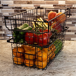 Home-Complete Nesting Storage Bins Stackable Wire Baskets, Set of 2, Medium, Black, 2 Each