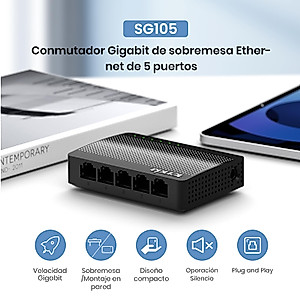 Tenda SG105, 5 Port Gigabit Switch, Unmanaged Home Ethernet Switch, Office Ethernet Splitter, Plug & Play, Plastic Case, Desktop/ Wall-Mount, Fanless Quiet, Limited Lifetime Protection