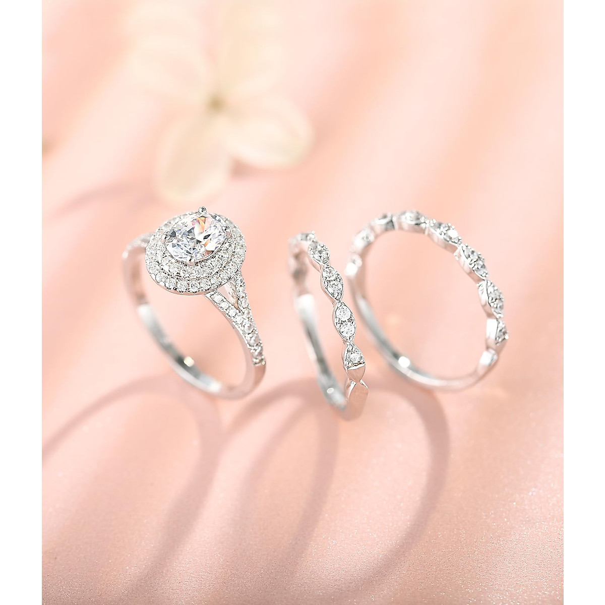 TIGRADE 1.5CT Bridal Ring Sets Oval Cut Cubic Zirconia Wedding Band Halo CZ Engagement for Women Size 3.5-12, Silver, Size 7