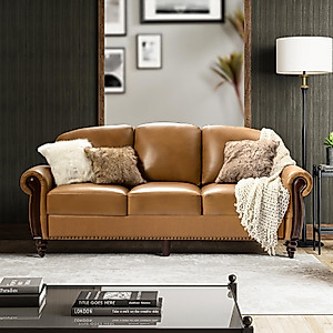 HULALA HOME Genuine Leather Sofa 3-Seater Couch Traditional Living Room Sofa with Carved Solid Wood Legs, Camel