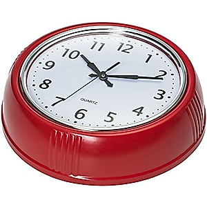 Bernhard Products Retro Wall Clock 9.5 Inch Red Kitchen 50's Vintage Design Round Silent Non Ticking Battery Operated Quality Quartz Clock