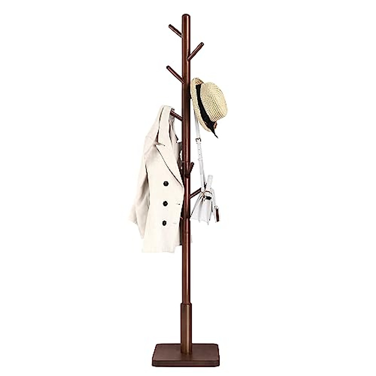 VASAGLE Solid Wood Coat Rack, Free Standing Hall Coat Tree with 8 Hooks, 3 Height Options, for Coats, Hats, Bags, Purses, for Entryway, Hallway, Rubberwood Hooks and Pole, Dark Walnut URCR010W01