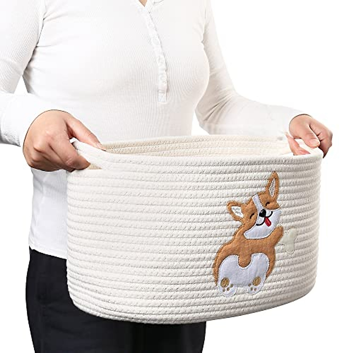 PrimePets Dog Toy Basket, Cotton Rope Storage Basket with Handles, 15x10x9 inch Dog Toy Bin, Puppy Bin, Small Laundry Basket for Kids, Gift for Dog Lovers