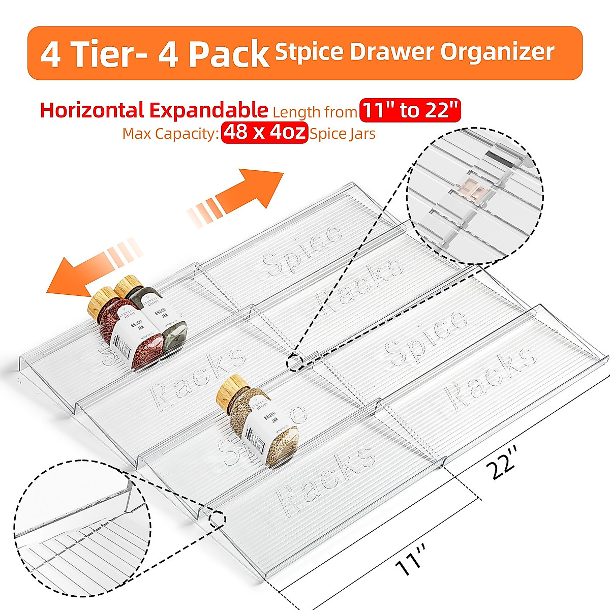 PanPanPal Spice Drawer Organizer, 4 Tier- 4 Pack Clear Acrylic Drawer Seasoning Organizer, Expandable From 11'' to 22'' Kitchen Spice Rack Organizers and Storage for Drawer (Jars not included)