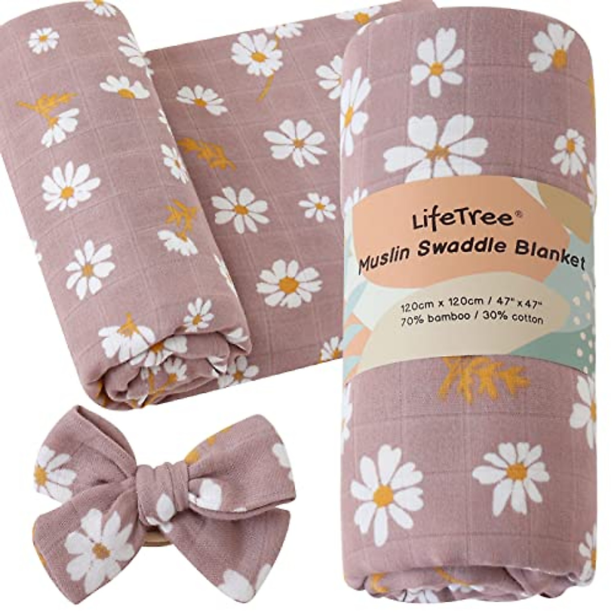 LifeTree Baby Muslin Swaddle Blankets for Boys & Girls, Newborn Swaddle Set with Matching Headband Bow, Neutral Infant Receiving Blanket Swaddle Wrap, 47 x 47 inches, Mauve Daisy, Bamboo Cotton