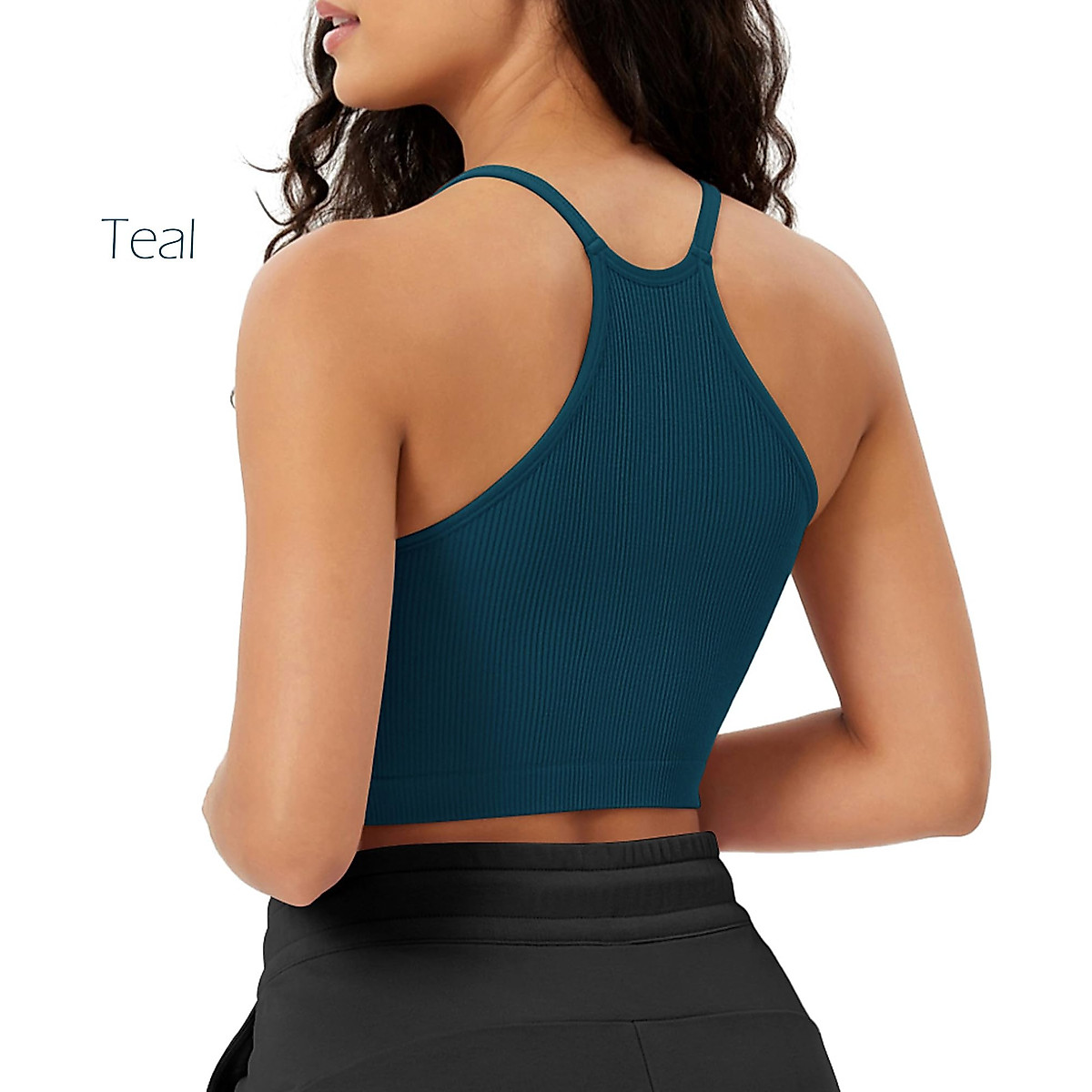 ODODOS Women's Crop Camisole 3-Pack Washed Seamless Rib-Knit Crop Tank Tops, Beige Coral Teal, X-Small/Small