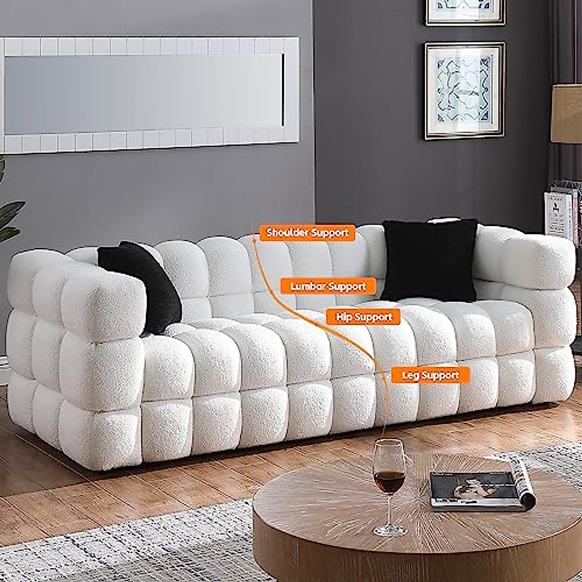 Melpomene Modern Boucle Sofa Couch, Cloud Sofa Upholstered 3 Seater Sofa with 2 Pillows and Wood Legs,Tufted Sofa for Bedroom, Office, Apartment(White)