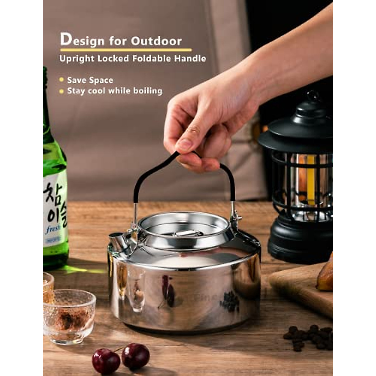 CretFine 304 Stainless Steel Camping Tea Kettle with Stackable Cups and Portable Bag, Anti-scalding Open Campfire Coffee Tea Pot, 1.1 Qt