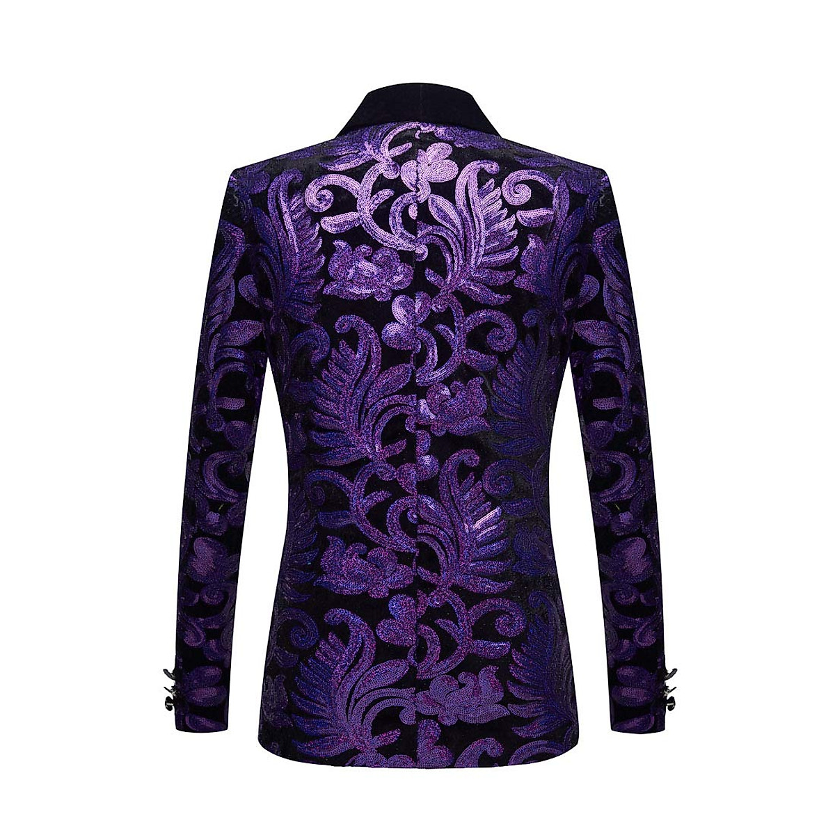 PYJTRL Men Fashion Velvet Sequins Floral Pattern Suit Jacket Blazer (Purple, L)