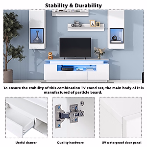Merax 5 Pieces Floating Functional TV Stand Set, High Gloss Wall Mounted Entertainment Center with 16-Color LED Light Strips for 75+ inch Television, White-9