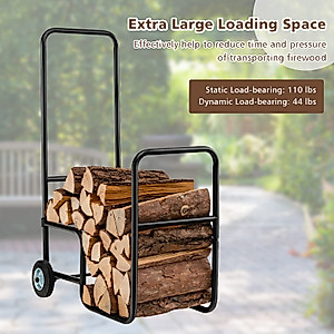 Safstar Firewood Log Cart Carrier, 2.9ft/35” Height Wood Rack Storage Mover w/2 Rubber Wheels & Ergonomic Handle, Heavy-Duty Steel Fireplace Log Carrier Mover, Rolling Firewood Cart for Indoor Outdoor