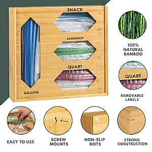 EZICOZI Durable Storage Solution with Kitchen Drawer Organizer - Durable Bamboo Material, 4 Storage Compartments, For Ziplock Gallon, Snack, Sandwich, and Quart Bags, Complete with Label Stickers