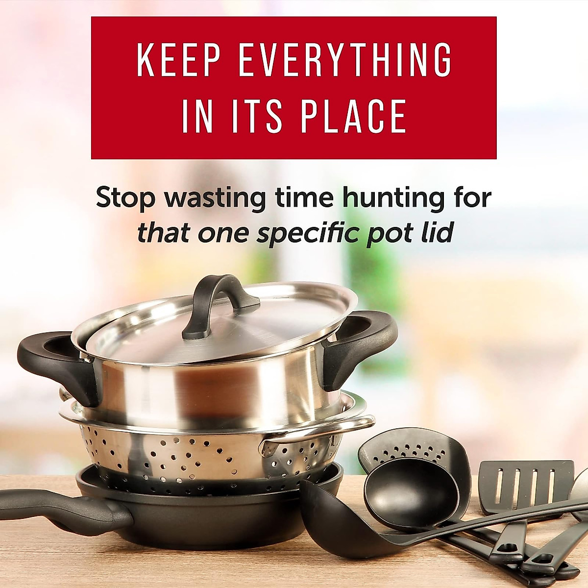 Pot Lid Organizer for Cabinet Door - Pan Lid Holder Cabinet Door - 6" & 9" Pot Lid Holder Wall Mount - Plastic Peel & Stick Cabinet Door Pan Lid Organizer - Lid Holder for Cabinet Door - 6 Pack