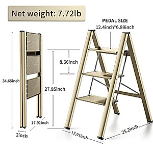 3 Step Ladder Aluminum Lightweight Folding Step Stool Wide Anti-Slip Pedal 330 Lbs Capacity Household Office Portable Stepladder,Champagne Gold
