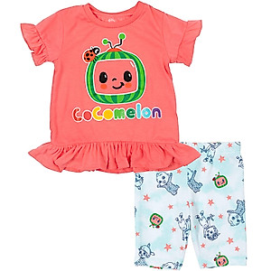 CoComelon JJ Yoyo Tomtom Infant Baby Girls Peplum T-Shirt and Bike Shorts Outfit Set Pink 12 Months