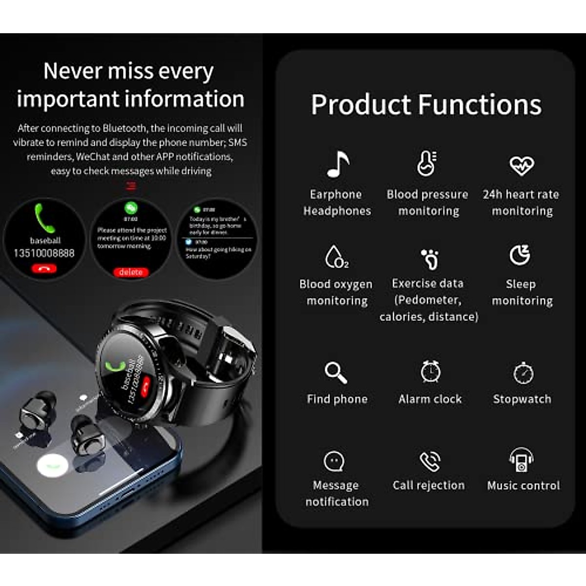 YOKKBRUN Smart Watch Built-in Bluetooth Earbuds Combo,2 in 1, Noise Cancelling, Heart Rate Monitor, Sleeping Monitor, Music Control, Various dials, Round Fitness Tracker Watch