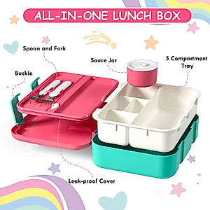 Bento Lunch Box for Kids, 1250ml, with 5 Compartments, Spoon, Fork, Sauce Jar, Leak Proof, BPA-Free, Sizes for Boys and Girls Ages 3 to 7 (Rose-Unicorn)