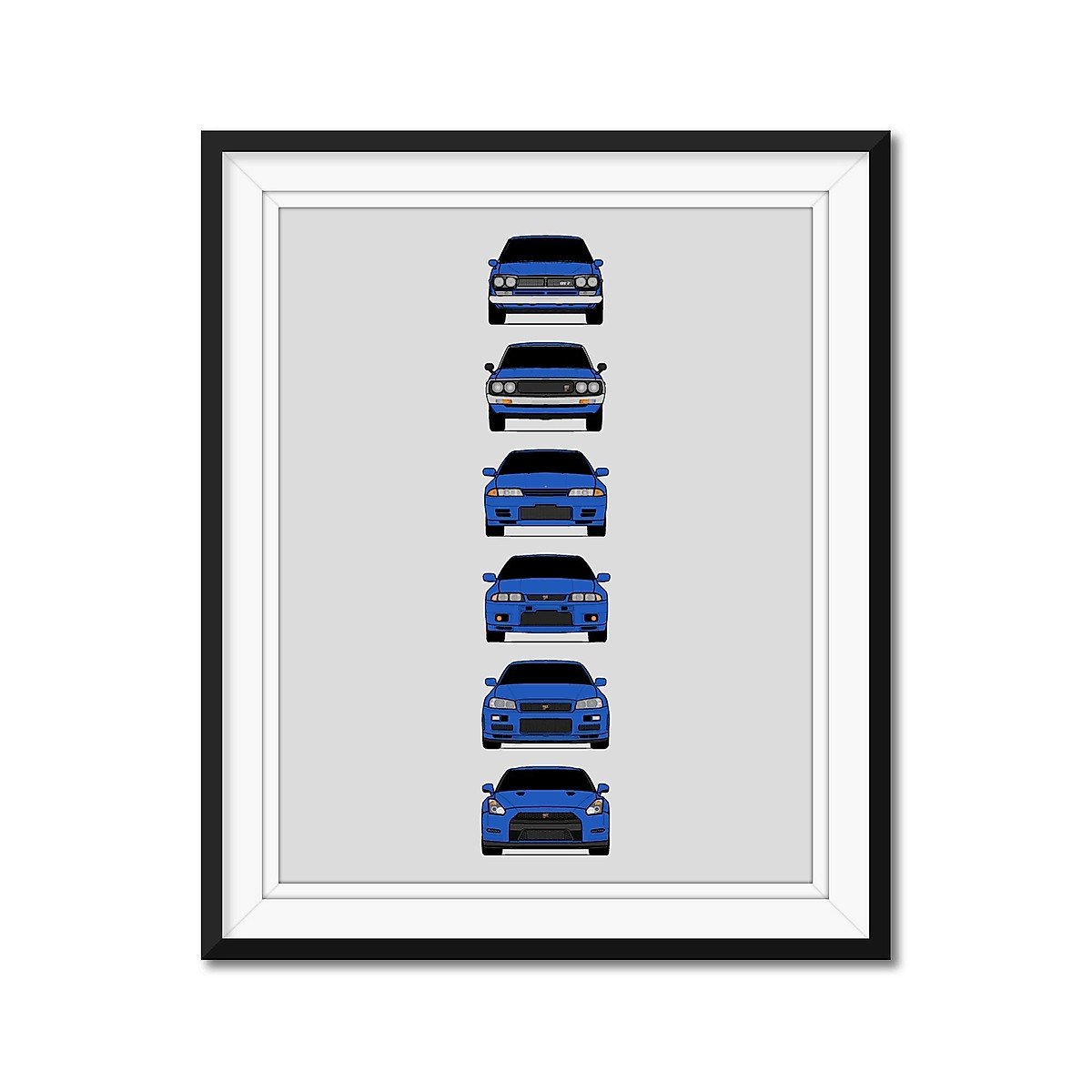 Custom Car Posters History of Nissan Skyline GT-R and Handmade Print of Nissan Skyline GTR (KPGC10, KPGC110, R32, R33, R34, R35) - Bayside Blue, 8x10" Metallic Print (Unframed)- Gift Car Enthusiast