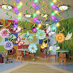 VABAMNA 33pcs Spring Hanging Decorations for Home - Flower Butterfly Hanging Swirls with Led Lights for Spring Summer Easter Flower Butterfly Themed Birthday Party Decorations