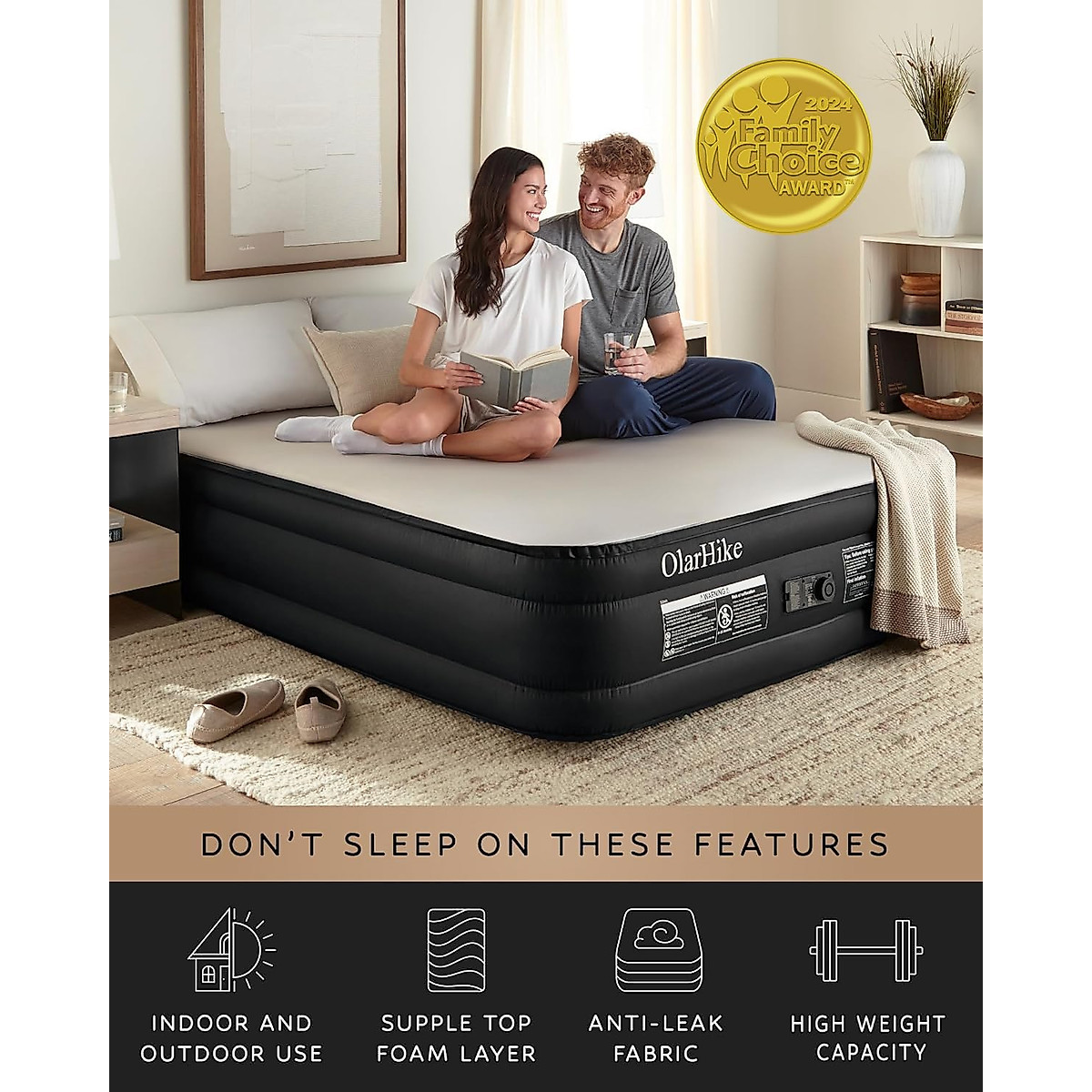 OlarHike Signature Collection Queen Air Mattress with Built in Pump,18” Luxury Air Mattress with Silk Foam Topper for Camping, Home & Guests, Fast & Easy Inflation/Deflation Airbed Black