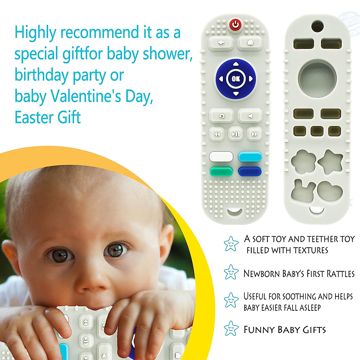 Remote Control Teether Toy for Babies 6 to 12 Months,Baby Teething Toys Tv Remote Shape with Pacifier Clip（White）