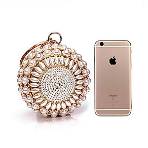 UMREN Women Round Clutch Ball Evening Bag Dazzling Full Beaded Artificial Pearls Handbag for Wedding Parites Prom Gold