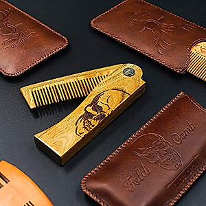 Menesia Men's Pocket Comb,Folding Wooden Beard Comb with Leather Travel Case,Green Sandalwood Hair Combs Set for Men(Skeleton)