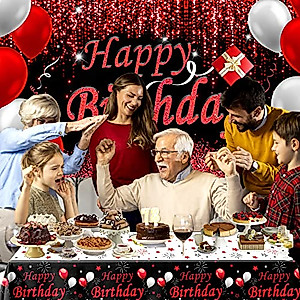 Red and Black Party Decorations, Happy Birthday Decorations for Men Women with Photography Backdrop & Tablecloth Balloons Arch Kit Banner Birthday Party Supplies Beer Bday Decor with Table Cover