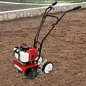 Tiller Cultivator, Powerful 52cc 2 Stroke Air-cooled Gas Engine, Gear Drive Transmission, Farm Yard Garden Tilling Tool, 6500 rpm, Red