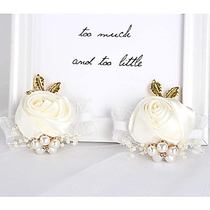 WANLIAN Rose Wrist Corsage Peal Diamond Boutonniere Gold Leaf Wrist Flower for Bride Bridesmaid Prom Wedding Ceremony Anniversary Set of 2(ivory)