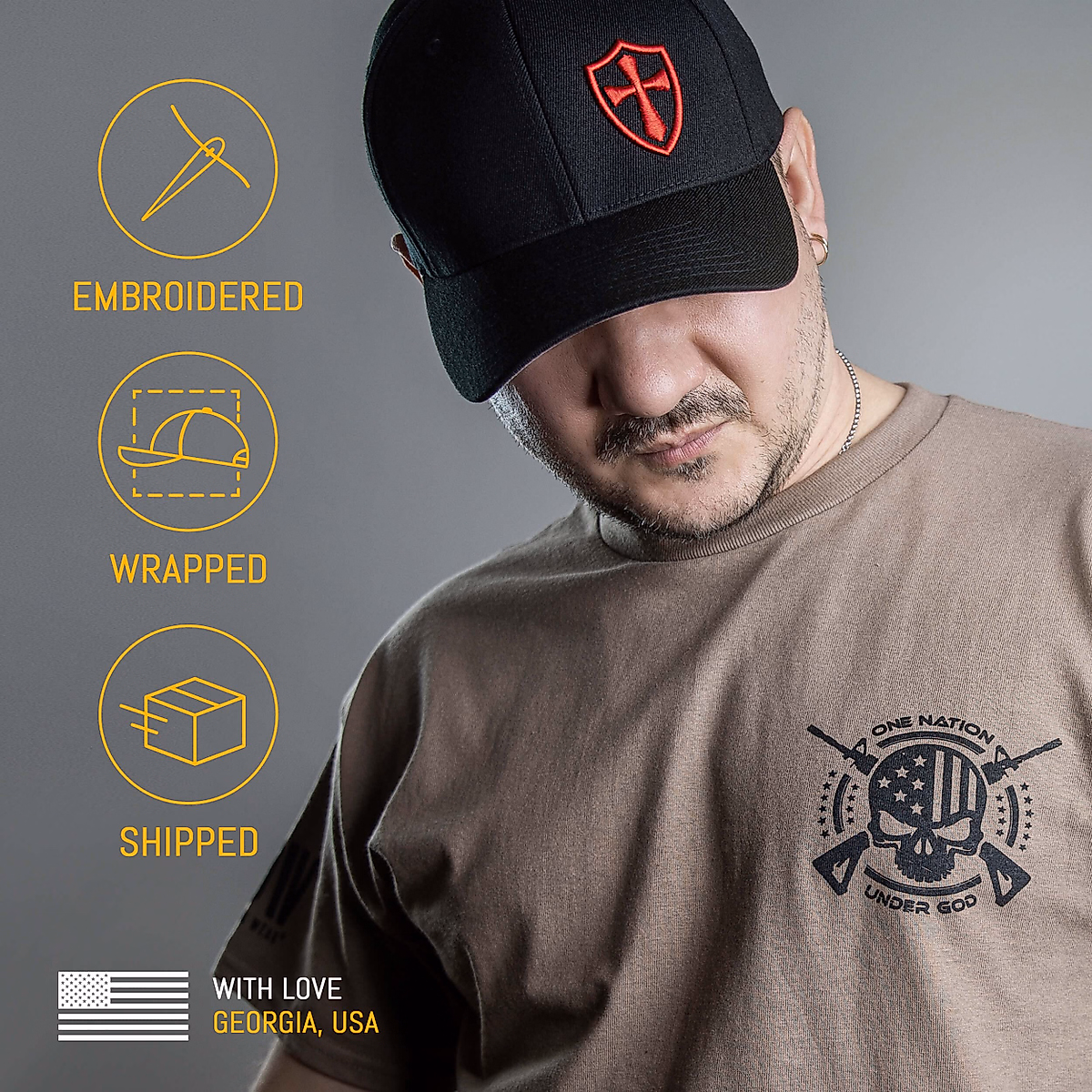 Dion Wear Crusader Cross Cap - Flex Fit Baseball Hats for Men (L/XL Grey on Black)