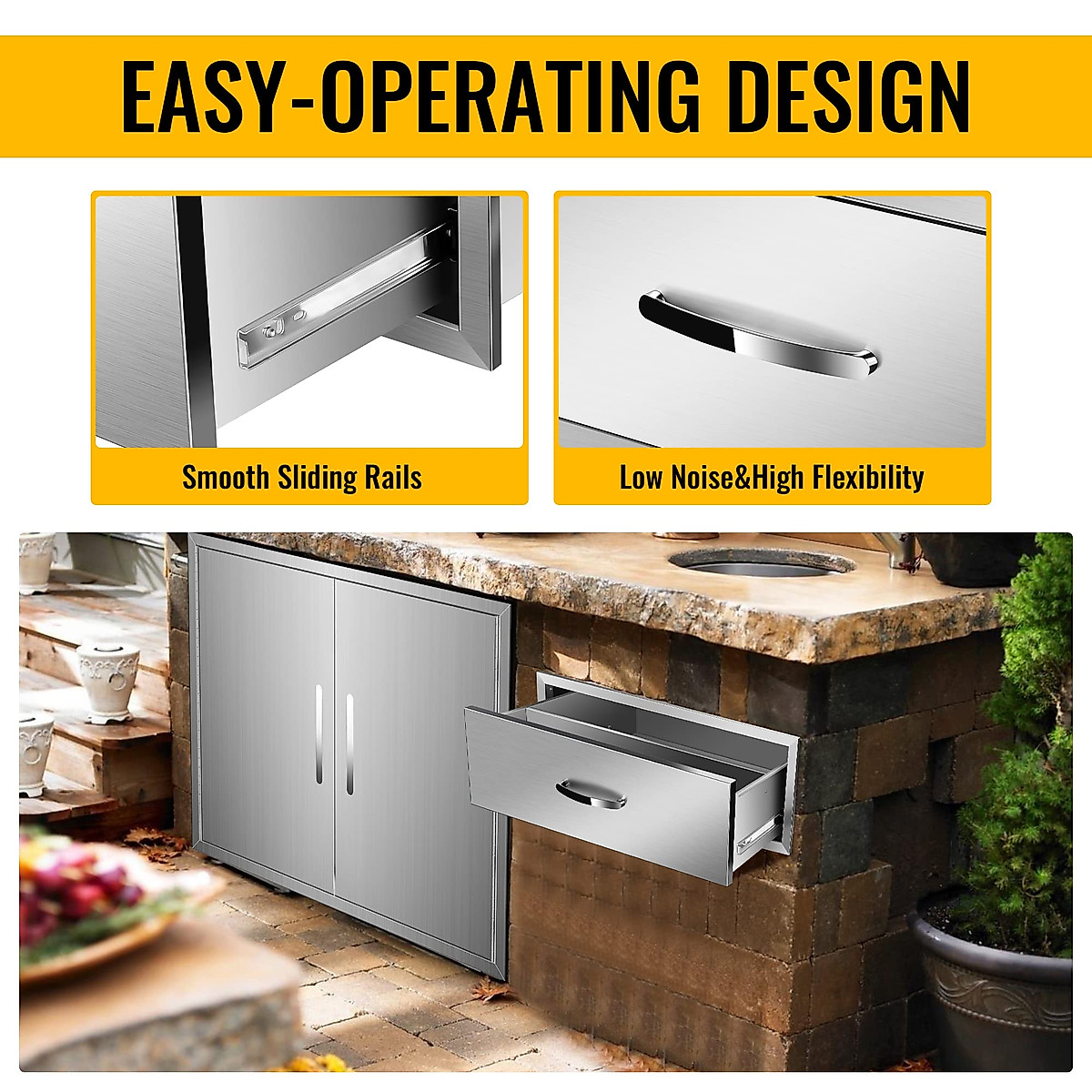 RAILEN Outdoor Kitchen Single Drawers 30" W x 10" H x 23" D Built-in BBQ Drawer Stainless Steel Access Drawers for Outdoor Kitchen Island or Grill Station