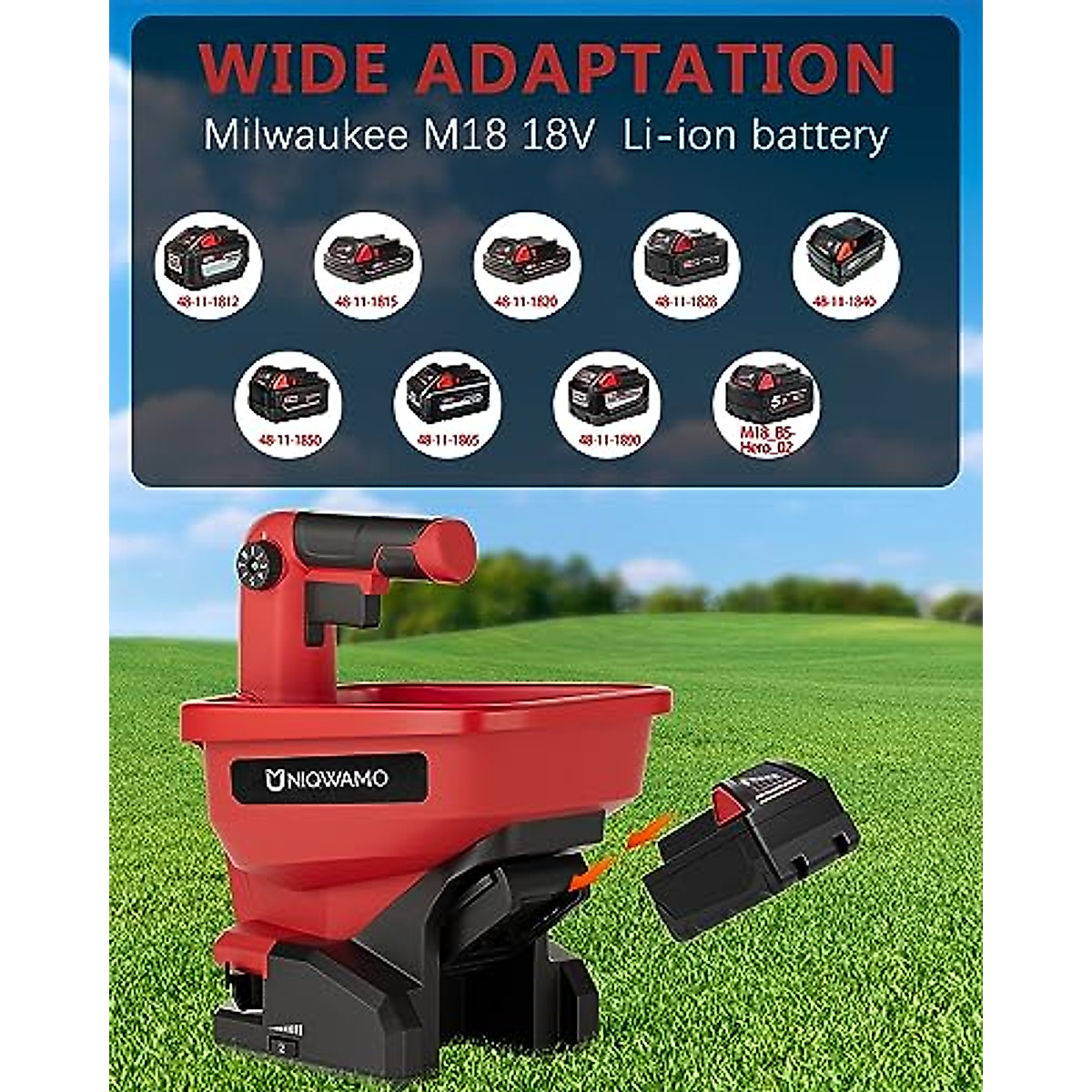 Uniqwamo Handheld Grass Seed Spreader for Milwaukee M18 Li-ion Battery, Available Year-Round, Grass Seeds, Rock Salt and De-icer Out-Doors (Battery not Included)