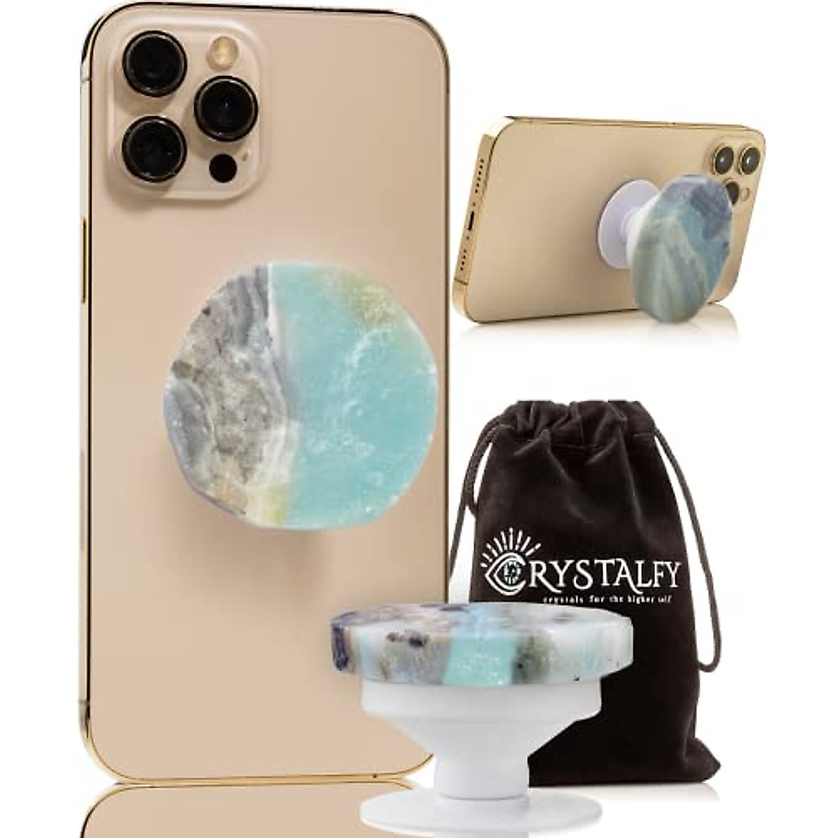 CRYSTALFY Amazonite Natural Edge Crystal Phone Grip & Phone Stand: Authentic Natural Gemstone Swappable Top, Expandable Collapsible Holder for Smartphones and Tablets