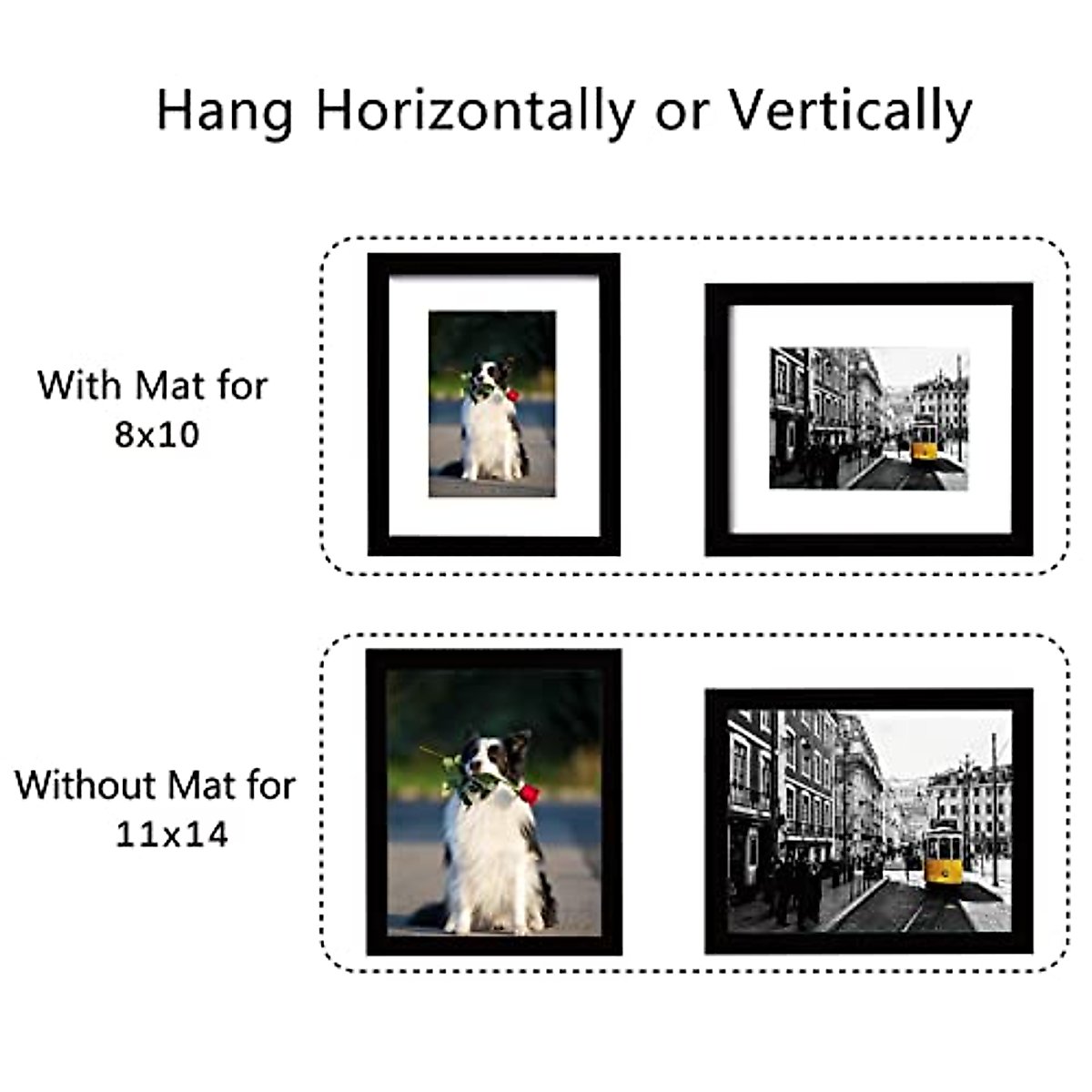 PEALSN 11x14 Picture Frame Set of 2, Made of High Definition Real Glass, Display 8x10 with Mat or 11 x 14 Without Mat, Photo Frames for Wall Mounting or Table Top Display, Black