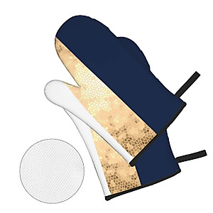 MUKJHOI Oven Mitts Pot Holders Set of 4 Heat Resistant Kitchen Waterproof Elegant Faux Gold Navy Blue White Stripes Women Men Home Cooking Baking Microwave BBQ Gift