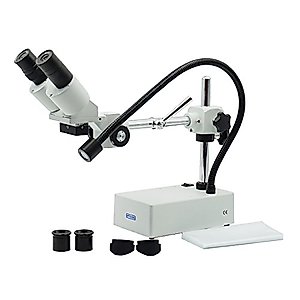 OPTO-EDU A22.1201-C1 Professional Binocular Stereo Microscope, WF10X and WF20X Eyepieces, 10X and 20X Magnification, 1X Objective, LED Lighting, Boom-Arm Stand, 110V-120V, Metal, Glass, Plastic