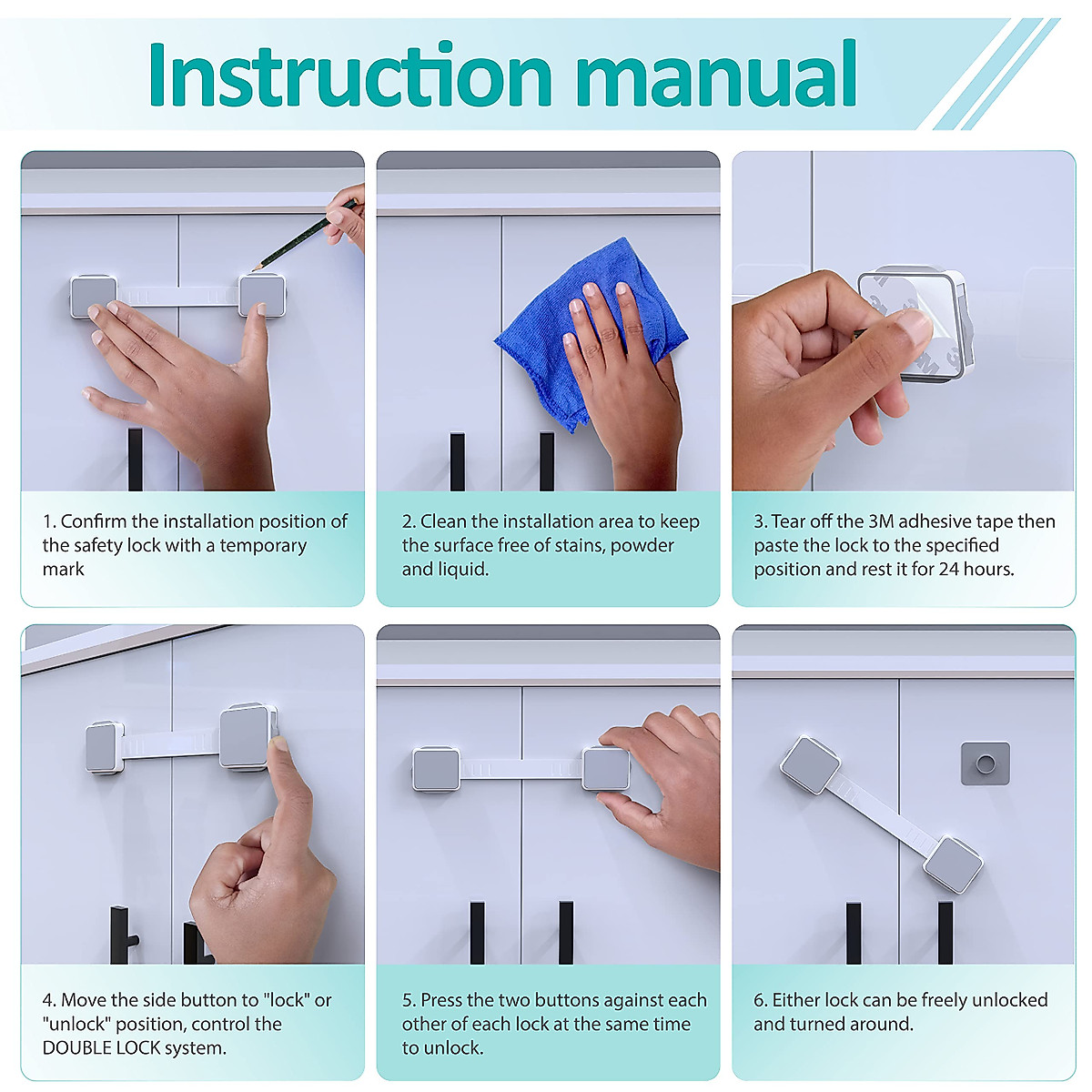 Child Adjustable Strap Lock, Sliding U Shaped Baby Safety Latch for Drawers, Cabinets, Oven, Toilet Seat, No Tool, No Drilling Needed, Super Strong 3M Adhesive