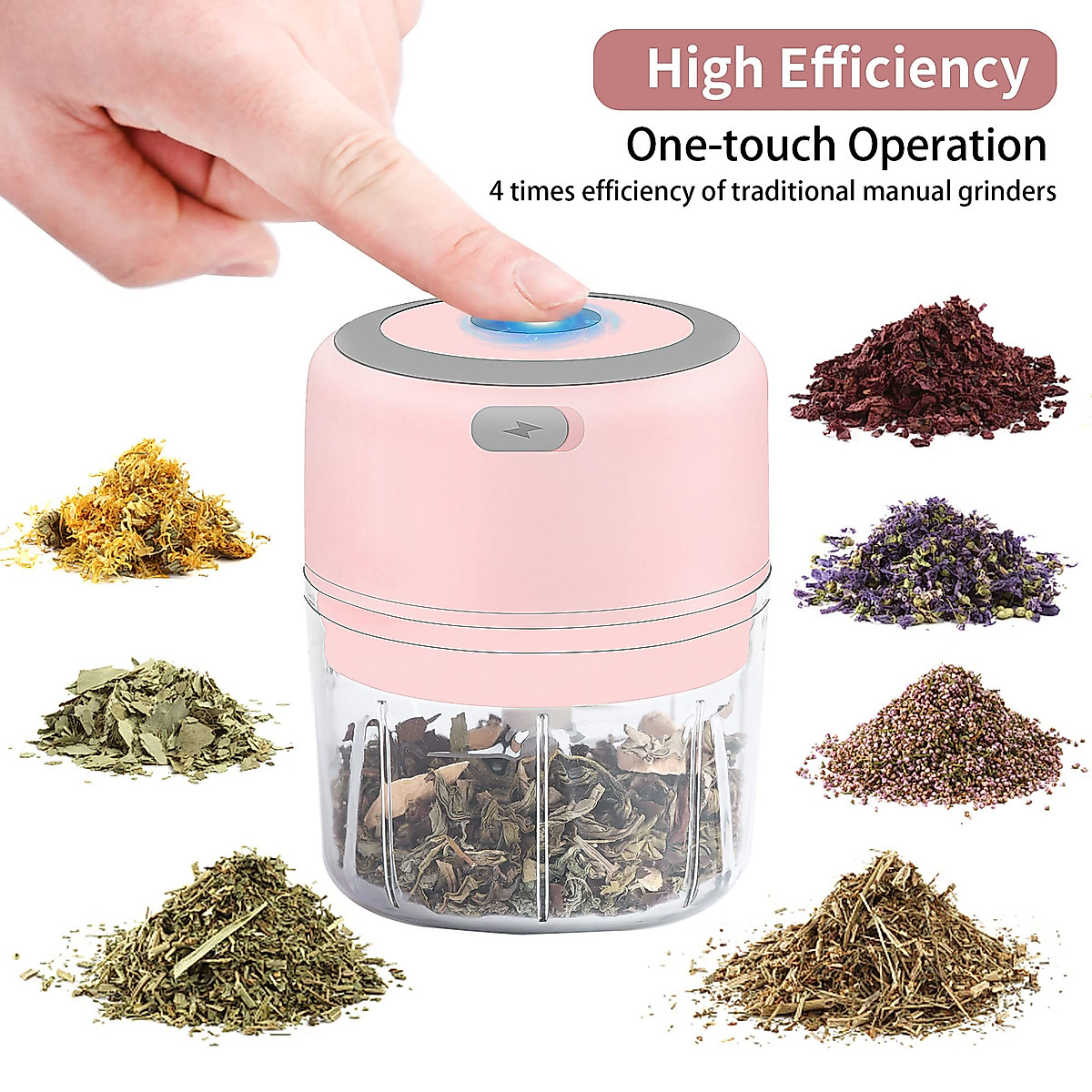 VRUPINZE Electric Herb Grinder - 3.5 Inch Large Grinders for Grinding Dry Fresh Herbs and Spice with Clear Chamber, Portable USB Charge Herb Grinder, Including Clean Brush and Tweezers, Gift Box, Pink