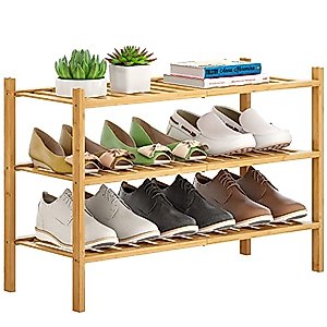 FILWH Bamboo Shoe Rack Stackable Shoe Shelf Storage Organizer for Unit Entryway Hallway and Closet Sturdy Freestanding Shoe Shelf Natural (3 Tier)