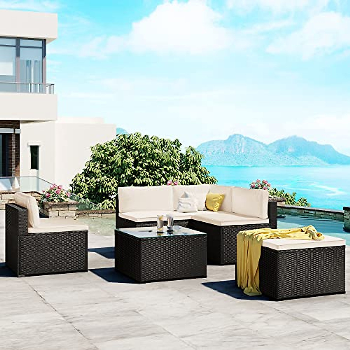 Patio Wicker Set,6-Piece Outdoor Furniture Set with PE Rattan Wicker, Patio Garden Sectional Sofa Chair with Removable Cushions for Porch, Beach (/Black Wicker+ Beige Cushion)