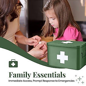 Flexzion First Aid Box Organizer Empty 13" Green Vintage First Aid Kit Tin Metal Medical Box - First Aid Storage Box Container Bins with Dividers, Removable Tray and White Cross Logo