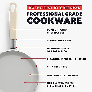 GreenPan x Bobby Flay 8” Frying Pan Skillet, Professional Grade Aluminum, PFAS & PFOA-Free Ceramic Nonstick, Induction Suitable, Stainless Steel Silicone Grip Handle, Dishwasher & Oven Safe, Cream