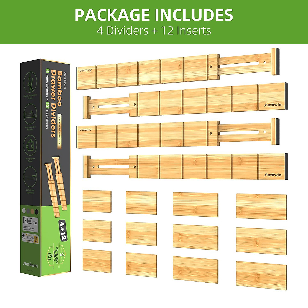 ANTOWIN 4 Pack Expandable Drawer Dividers, 2.2'' High, Extend from 17'' to 22'', Dresser Drawer Organizers, Bamboo Separators for Kitchen, Bedroom, Office, Bathroom, with 12 Pack Divider Inserts