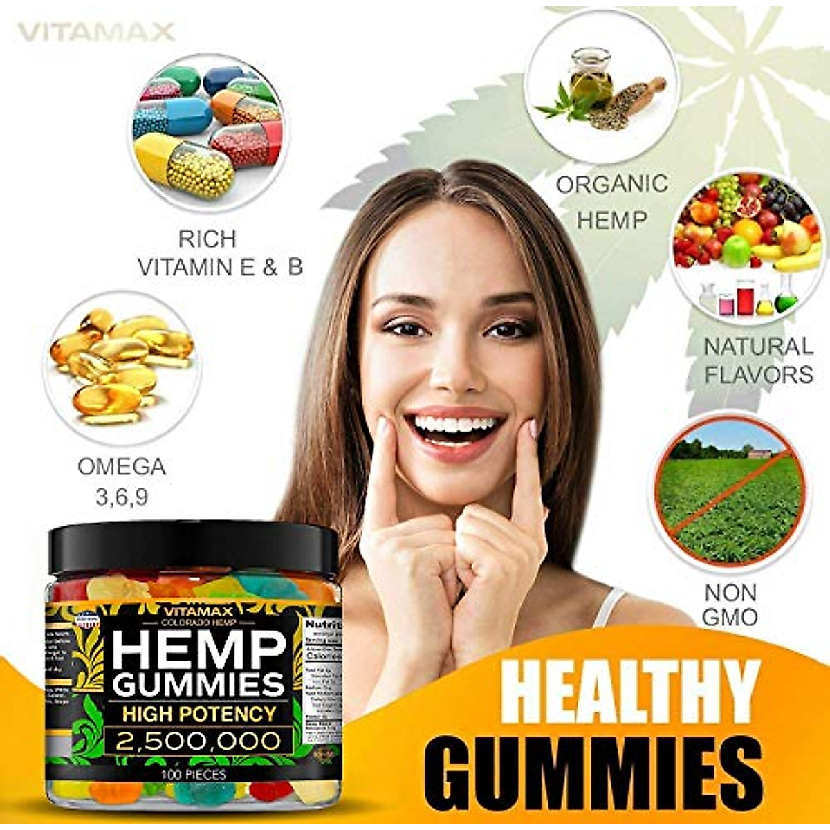 Vitamax Hemp Gummies - Great for Peace & Relaxation - 2,500,000 - Natural Fruit Flavors Tasty Relief – Made in USA – Relaxing Gummies – 100ct