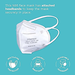DemeTECH NIOSH N95 Respirator Face Mask, Fold-Style with Headbands, Made in USA, 20 Qty