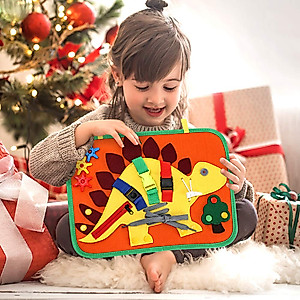 LESONG Dinosaur Busy Board - Preschool Basic Skills Montessori Toys for Toddlers 3 4 Years Old for Fine Motor Skills & Educational Learning Toys - Sensory Toy for Airplane or Car