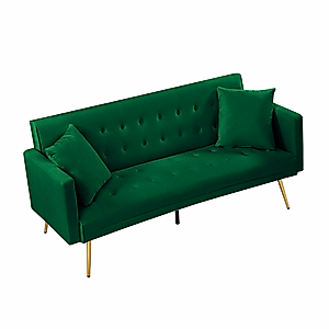 72"Modern Velvet Sofa Bed Futon,Convertible Folding Sleeper Bed Couches with 3 Adjustable Backrests,Tufted Recliner Love Seat with Golden Chrome Legs for Living Room Apartment Home Office (Green)