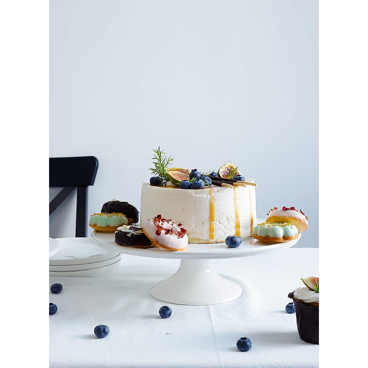 Sweese 12inch Porcelain Cake Stand White + 3 Tiered Foldable Serving Stand White for Brithday Party, Valentine's Day and Events